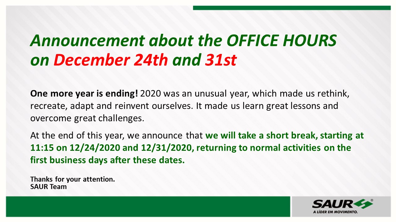 Comunicado sobre el HORARIO DE OFICINA los días 24 y 31 de diciembre - Saur